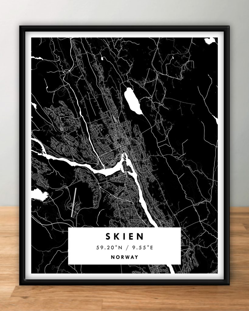 SKIEN City Digital Map Poster – Black | Maps & More